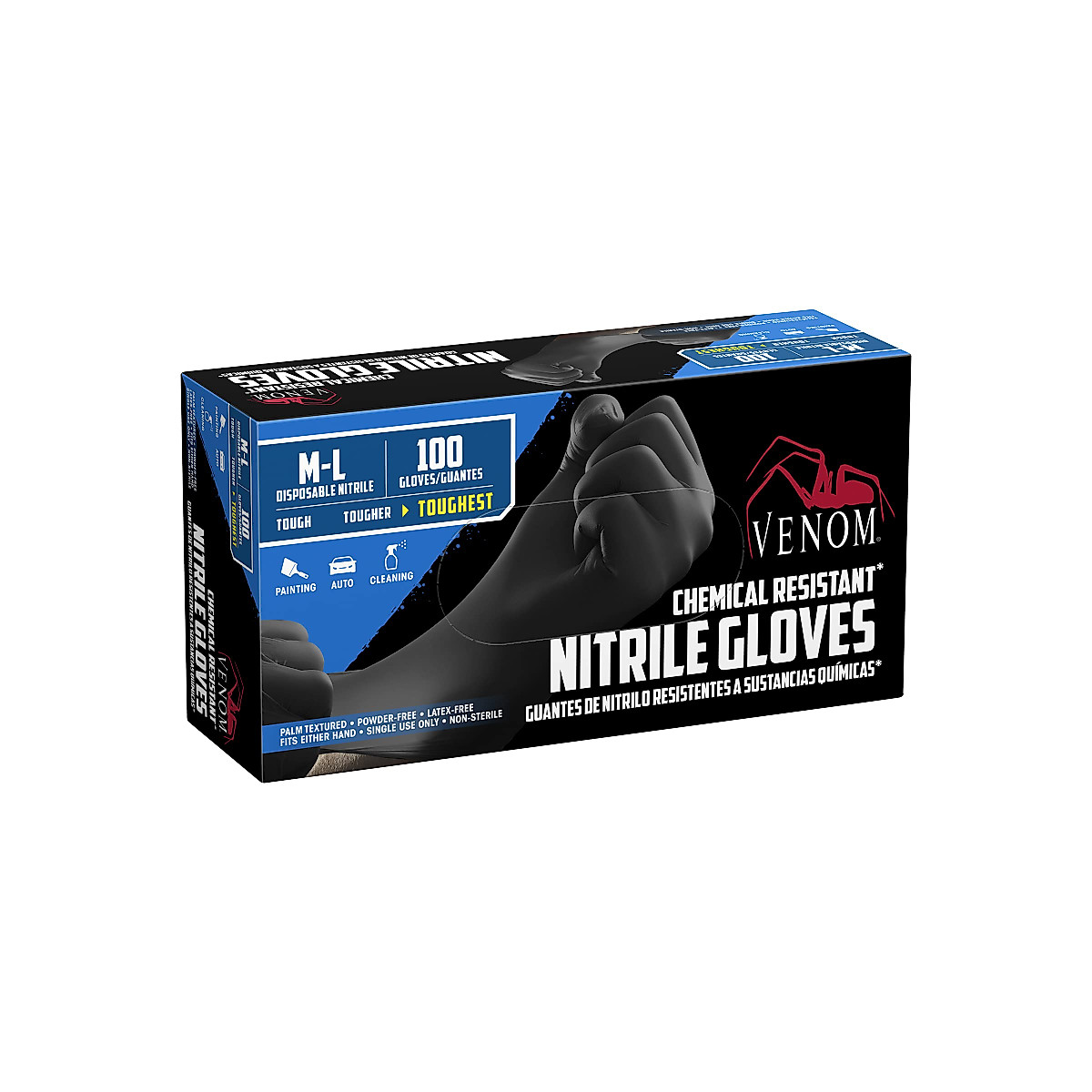 Venom Chemical-Resistant Disposable Nitrile Gloves, Black, Size Medium/Large, 100 Count