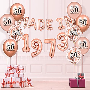 Rose Gold 50th Birthday Decorations Set 15 Pcs Rose Gold Happy 50th Birthday Latex Balloons and Large Made in 1973 Foil Balloons Banner Backdrop for Women Fifty Year Old Birthday Party Decor Supplies