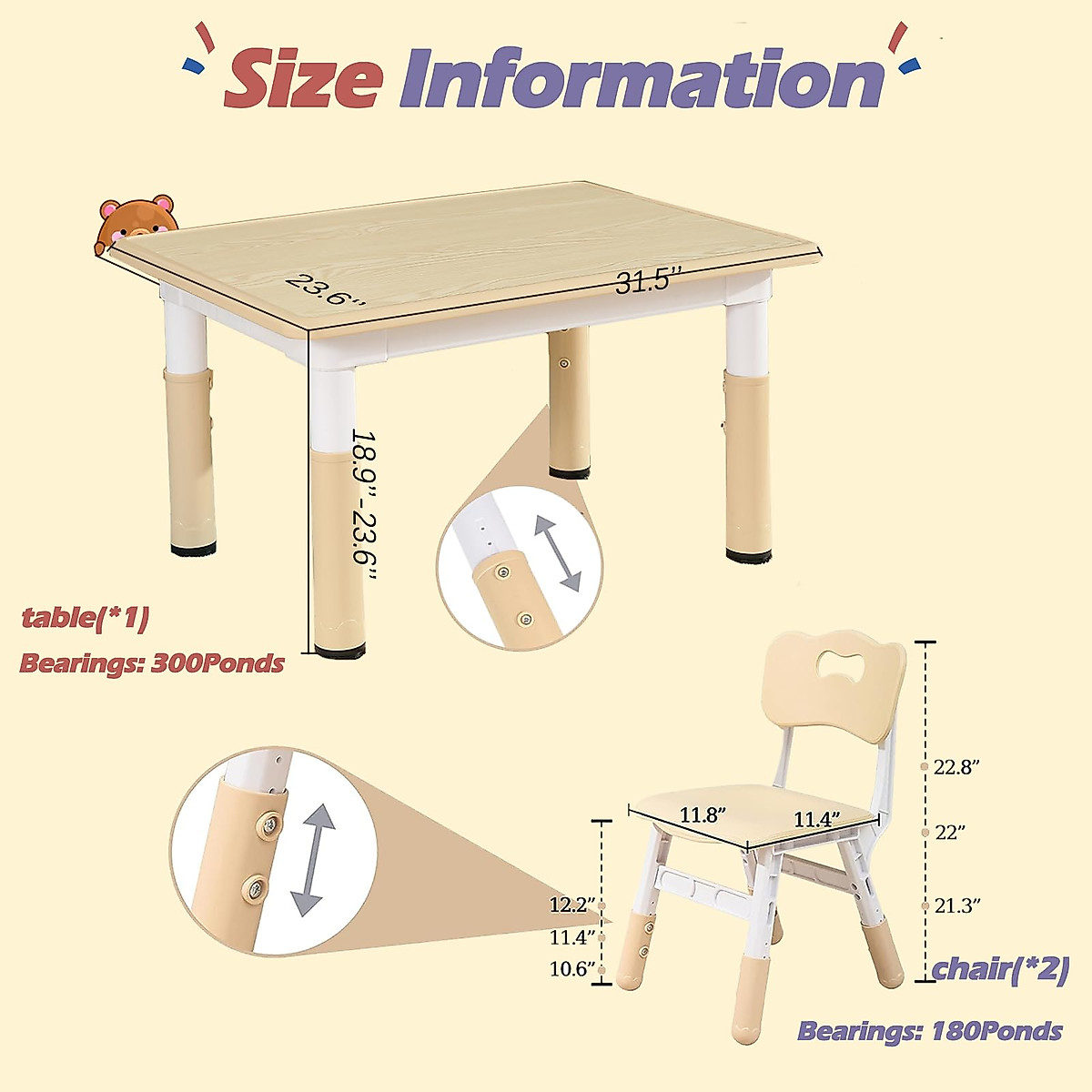 Ybaiwana Kids Table and 2 Chair Set, Toddler Table and Chair Set Height Adjustable, 31.5''L x 23.6''W Multifunctional Toddler Table for Reading, Drawing, Eating, for Girls & Boys Age 2-10, Burlywood