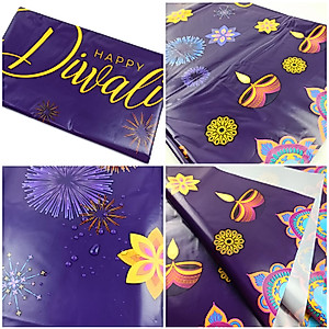KYMY 3pcs Happy Diwali Table Covers with 86.6" X51.18", India Festival of Lighting Tablecloths, Rectangle Plastic Diwali Tablecovers for India Festival Deepawali Party Kitchen Dining Decoration