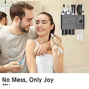 iHave Toothbrush Holder for Bathroom Storage, 2 Cups Toothbrush Holder Wall Mounted with Toothpaste Dispenser Bathroom Set, Large Capacity Tooth Brushing Holder Bathroom Organization and Storage