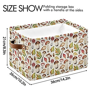 ALAZA Mushroom Leaves Autumn Large Storage Basket with Handles Foldable Decorative 1 Pack Storage Bin Box for Organizing Living Room Shelves Office Closet Clothes