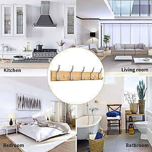 Anjuer Coat Hanger Rack 5 Hooks Heavy Duty Clothes Hat Holder Bamboo Board Silver Hooks