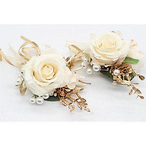 YOKOKE Corsage and Boutonniere Set, Handmade Artificial Peony Rose Wrist Corsage Wristlet and Groom Boutonniere for Men Wedding Prom Suit Decorations (Champagne Cream Gold)