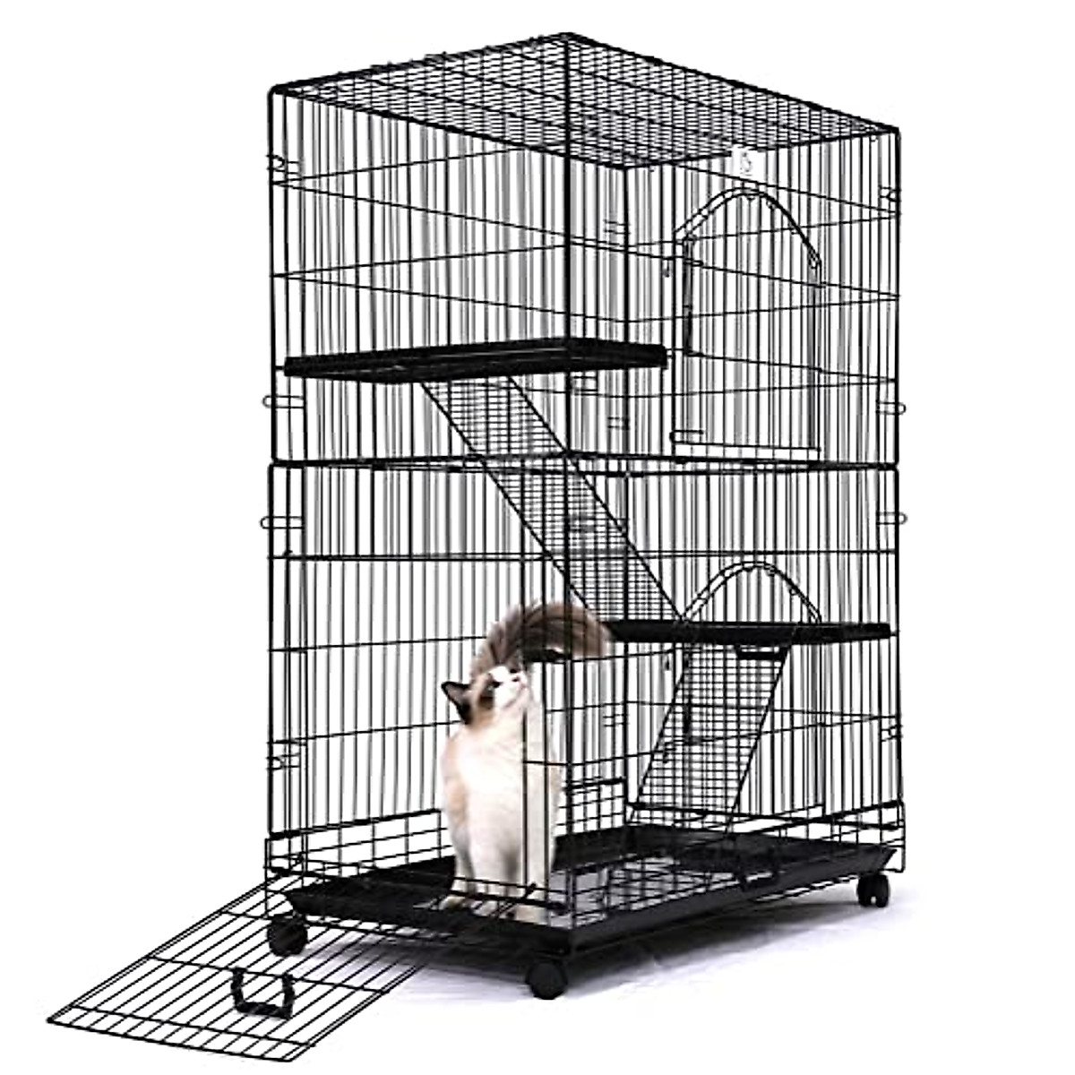 Homey PET INC Folding Wire Cat Ferret Collapsible Foldable Lockable Habitat Crate with Casters,Tray and Hammock, 36", Black