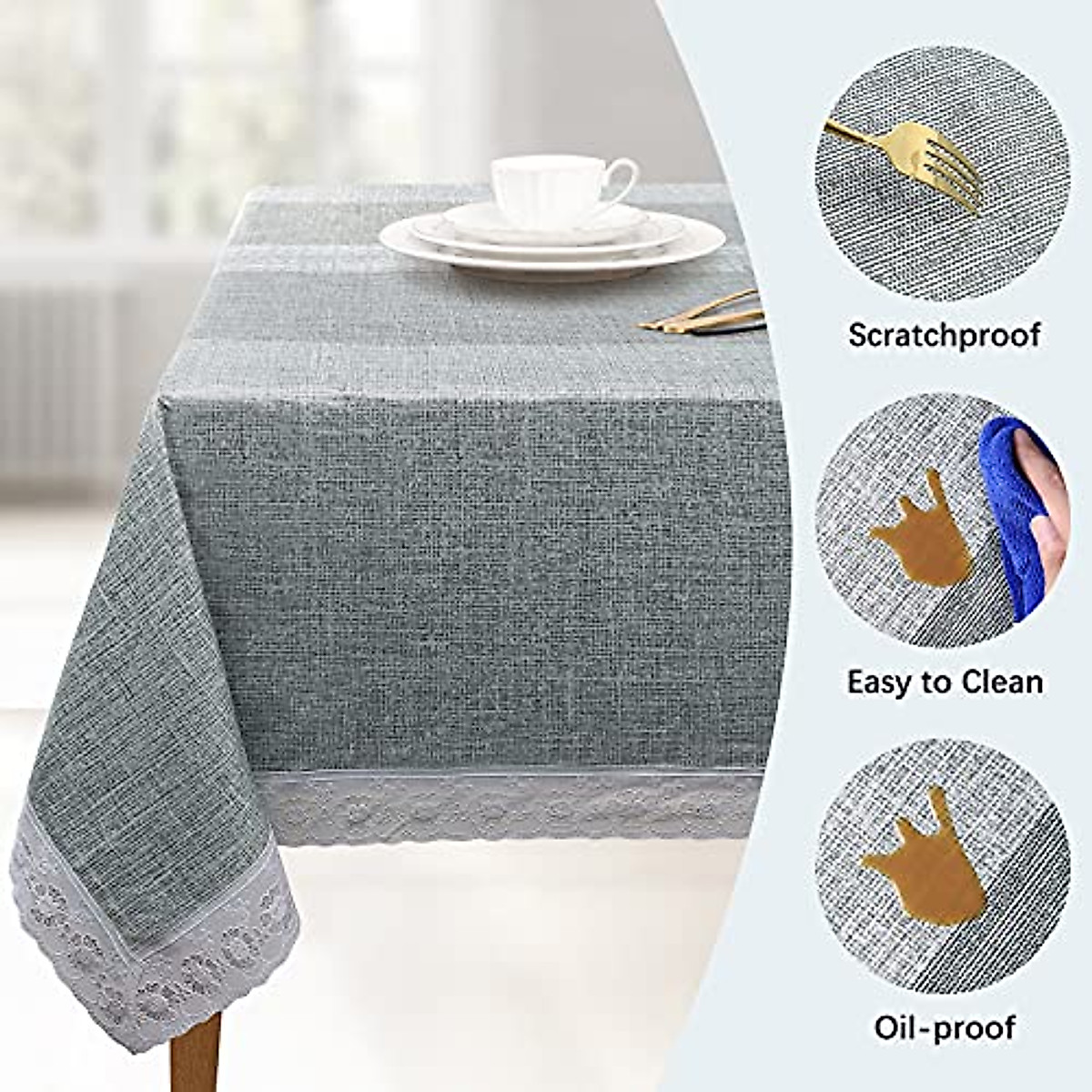 JUCFHY Vinyl Tablecloth with Flannel Backing,Plastic Waterproof Rectangular Tablecloths,Flannel Backed Table Cloth for Camping Dining Indoor & Outdoor,Durable Table Cover(Grey Stripes,52 x 72 Inch)