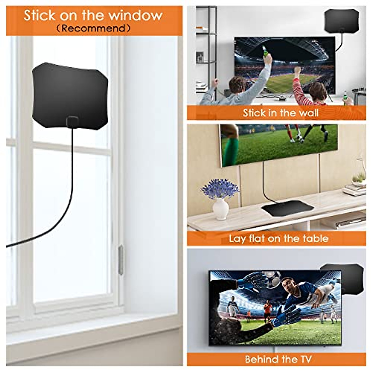 Digital TV Antenna, 380 Miles Indoor Amplifier Signal Booster Long Range HDTV Antenna Support 4K 1080P UHF VHF Free Local Channels with 13.4ft Coax Cable and USB Power Adapter