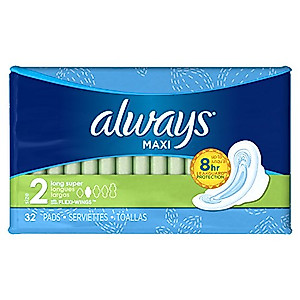 Always Maxi, Size 2, Super Pads with Wings, Unscented 32 Count