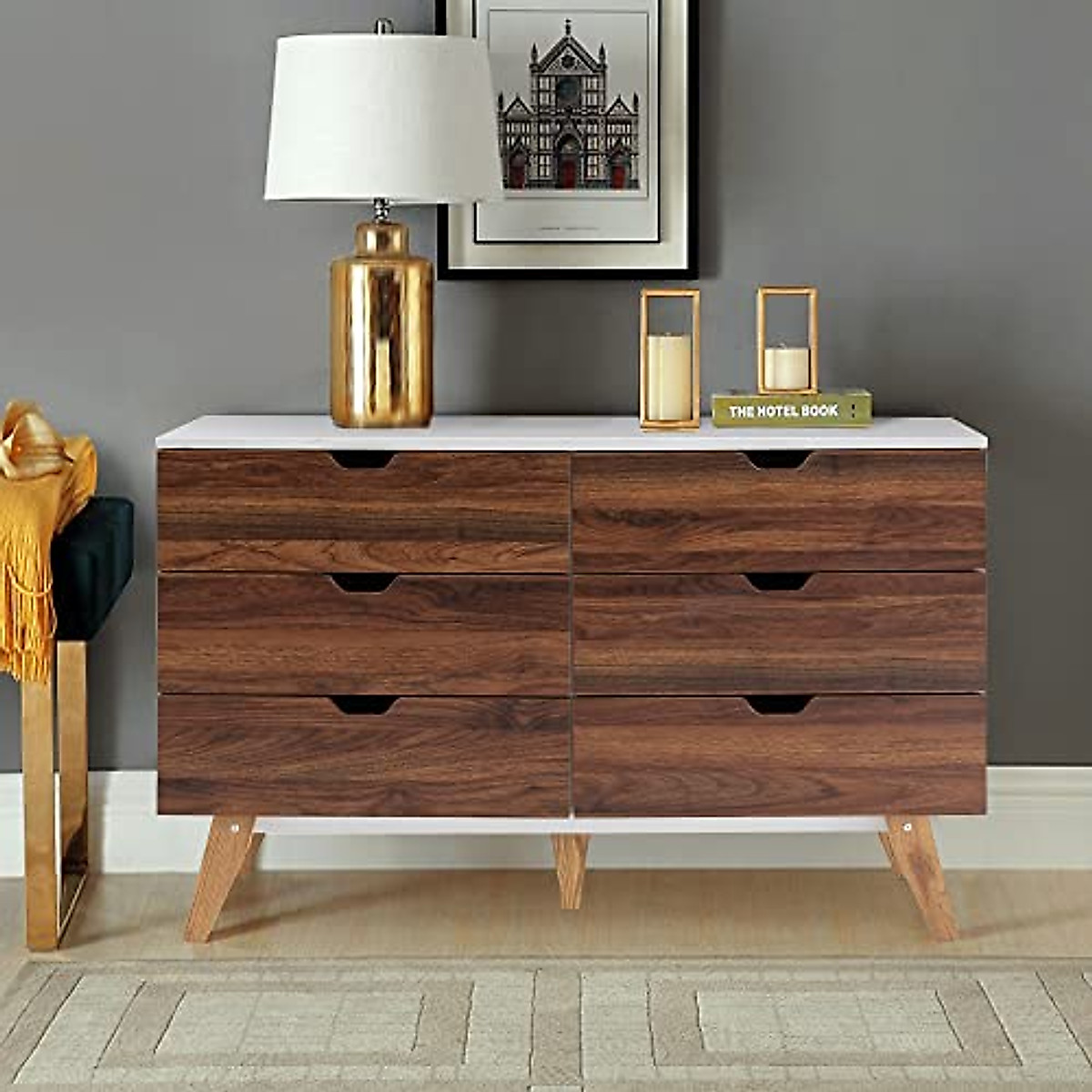 EazeHome 6 Drawer Dresser, Wood Storage Chest of Drawers, Rustic Style Dresser with Wide Drawers, Double Dresser for Bedroom