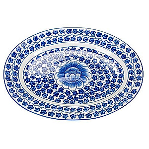 Sea Island Imports Elegant Porcelain Serving Platter with Blue and White Hand Painted Coriander Pattern