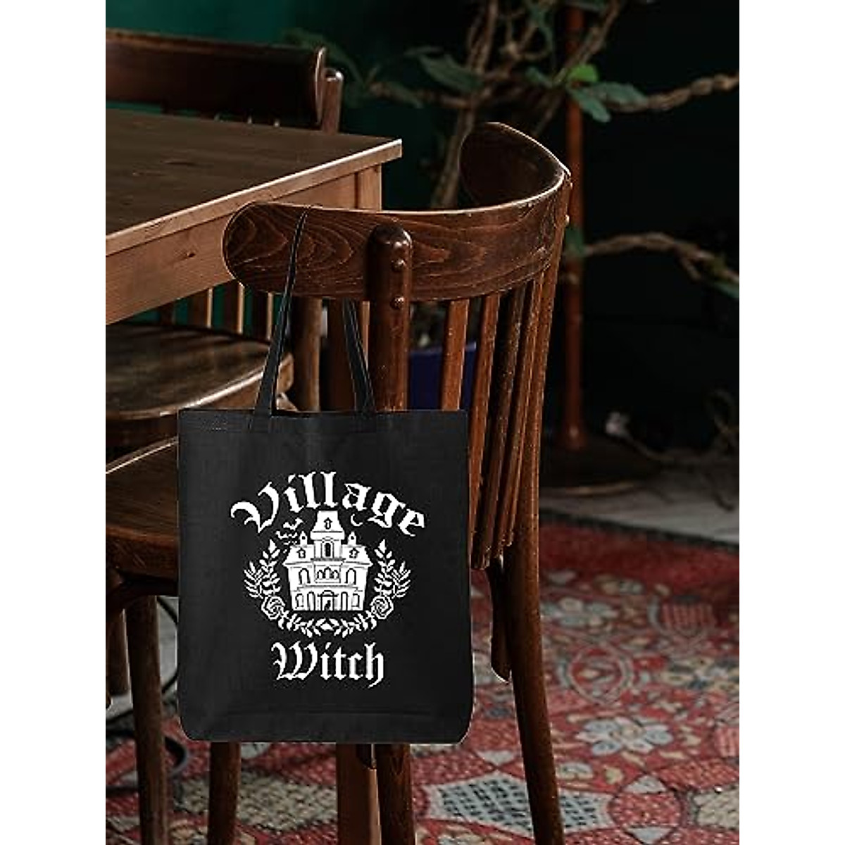 shop4ever Village Witch Halloween Trick or Treat Eco Cotton Tote Reusable Shopping Bag Black ECO 1