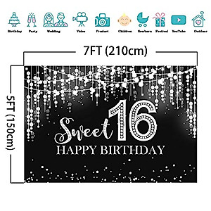 Mocsicka Sweet 16 Birthday Backdrop Glitter Silver Sweet Sixteen Background Girls 16th Birthday Party Cake Table Decoration Photo Booth Props (7x5ft)