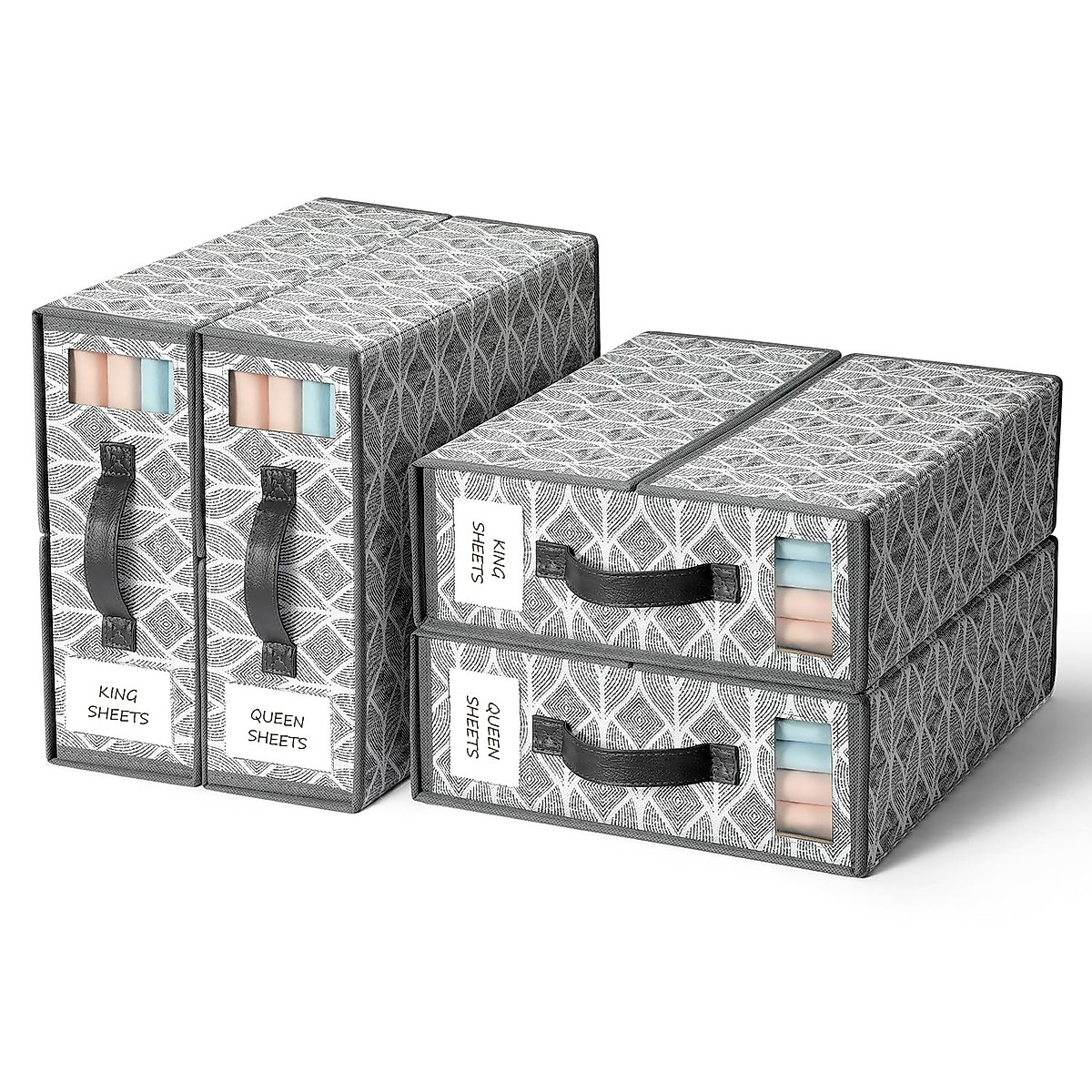 Yecaye 4 Pack Sheet Organizers and Storage, Bed Sheet Organizer for Linen Closet, Foldable Sheet Set Organizer with Clear Window and Label (Queen & King Size), Bedding Storage Box Container, Grey