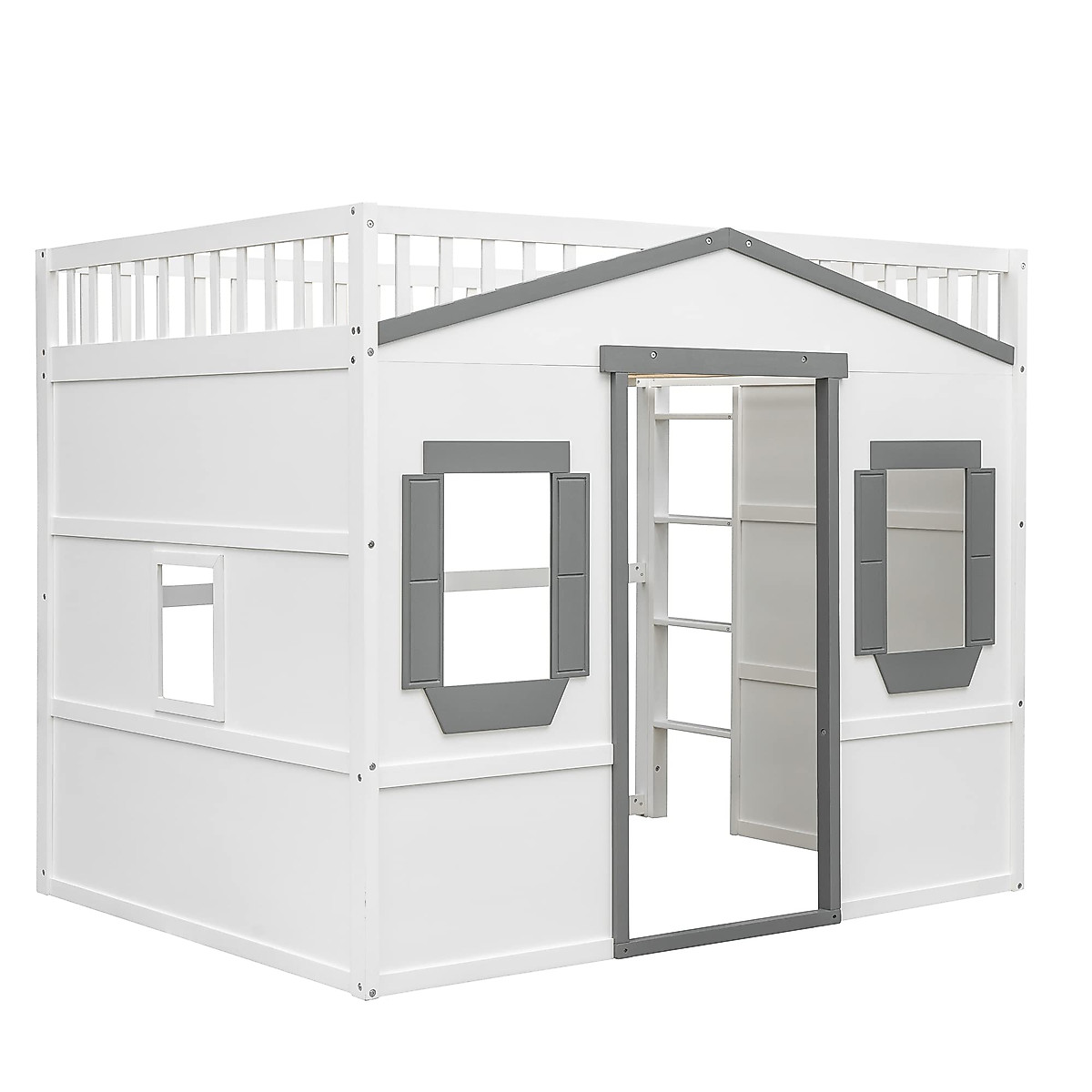 Full Size House Loft Beds Wood Loft Bed Frame with Window and Wall Fun Playhouse Bed with Ladder for Kids Boys Girls Teens, White with Gray