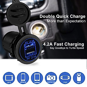 [5 Pack] 12V USB Outlet, Dual USB Quick Charger Socket Waterproof Power Outlet 12V/24V 2.1A & 2.1A for Car Golf Cart Boat Marine Bus Truck RV Marine Motorcycle, Blue LED