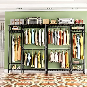 Heavy Duty Clothes Rack Clothing Rack for Hanging Clothes,Large Metal Garment Rack with 4 Tiers Adjustable Wire Shelves&3 Hanger Rods,Freestanding Closet Wardrobe System,MaxLoad 700lbs
