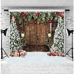Lofaris Winter Christmas Backdrop Xmas Photography Backdrop Rustic Barn Wood Door Backdrop Xmas Tree Snow Gift Bell Kids Adult Family Supplies Banner Party Baby Shower Decoration Background 8x8ft