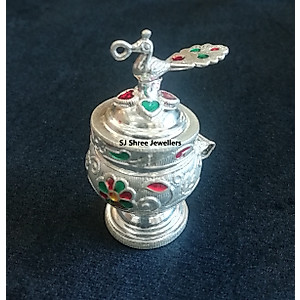 shree jewellers SJ Pure Silver Designer Meenakari Sindoor Dabbi with Peacock Design Lid, Pooja Items for Home, KumKum Round Box Spiritual Gift Item ~ Small Size 5.2 x 3 cm