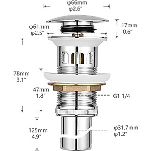 Solid Brass Lavatory Vessel Pop Up Drain Assembly Sink Pop-Up Drain Stopper Assembly with Overflow for Bathroom Faucet Vanity Sink, All Brass Construction(Chrome Plated)