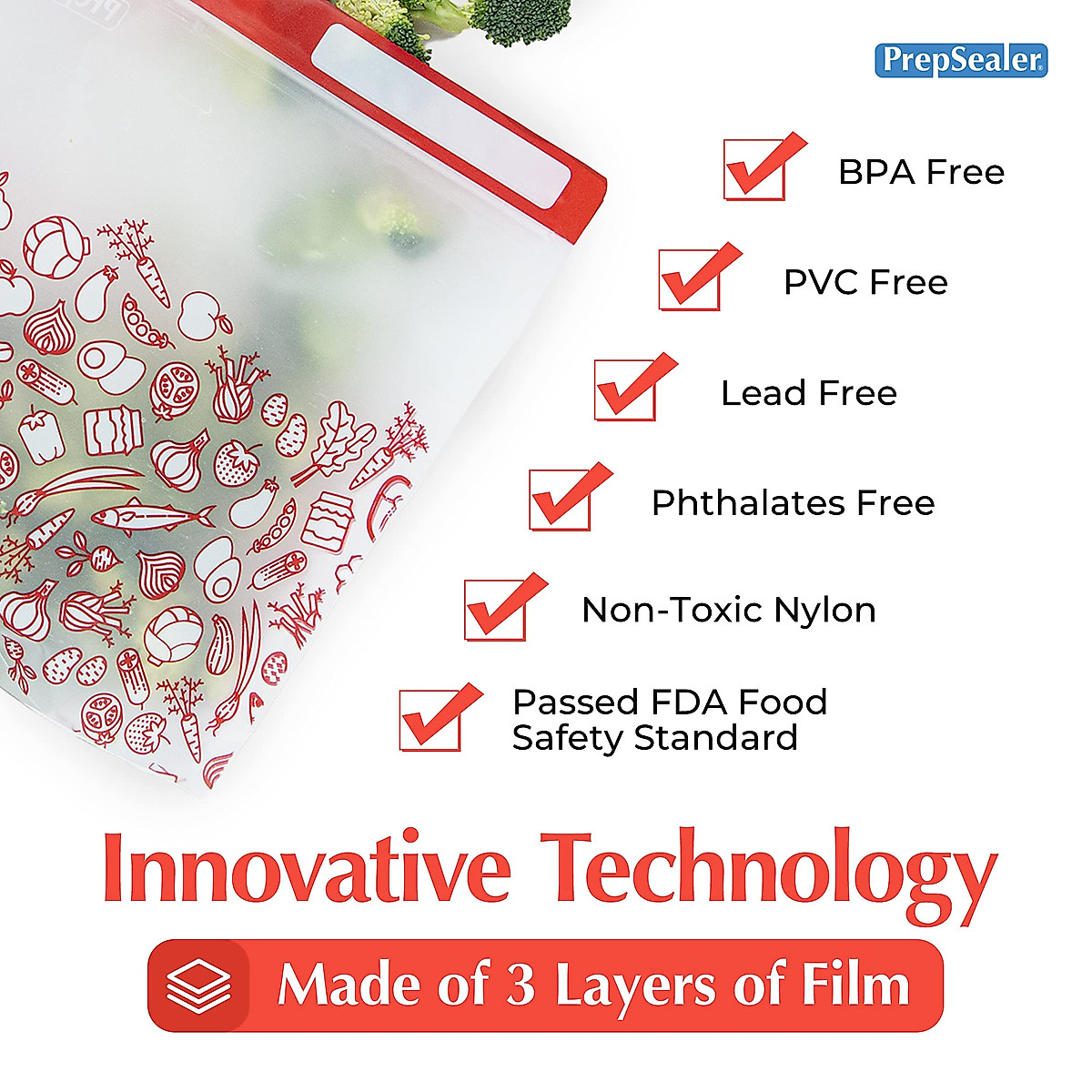 PrepSealer Keep Food Fresh Longer Food Saving Reusable Bag (10 Pieces Variety (3 S, 3 M, 4 L))