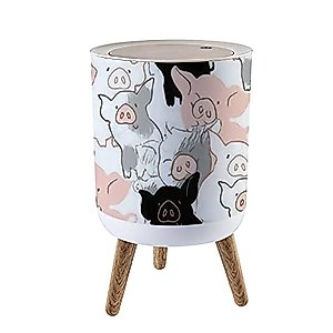 CAKOJV188 Round Trash Can with Press Lid Seamless Image Pigs Small Garbage Can Trash Bin Dog-Proof Trash Can Wooden Legs Waste Bin Wastebasket 7L/1.8 Gallon