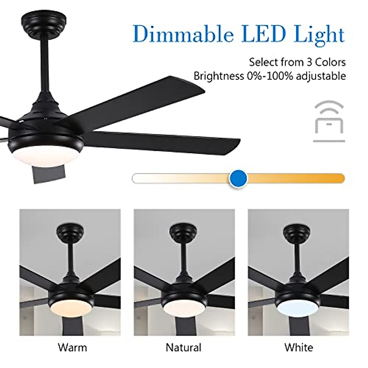 VACILL Low Profile Ceiling Fan with Light Black 52 inch,6 Speed Levels,LED Dimmable,for Farmhouse/Bedroom/Living Room