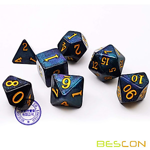 Bescon Starry Night Dice Set Series, 7pcs Polyhedral RPG Dice Set Midnight, Polybag Packing