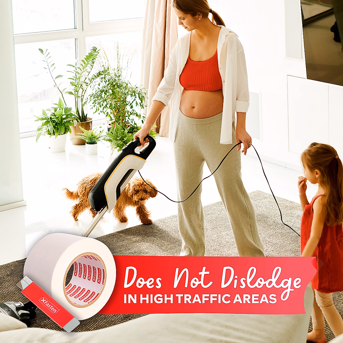 XFasten Double Sided Carpet Tape for Area Rugs 2 Inch x 10 Yards w/Mini Cutter Residue-Free Double Sided Rug Tape for Laminate Floors, Rug Tape Gripper for Carpet, Tape for Hardwood Floors