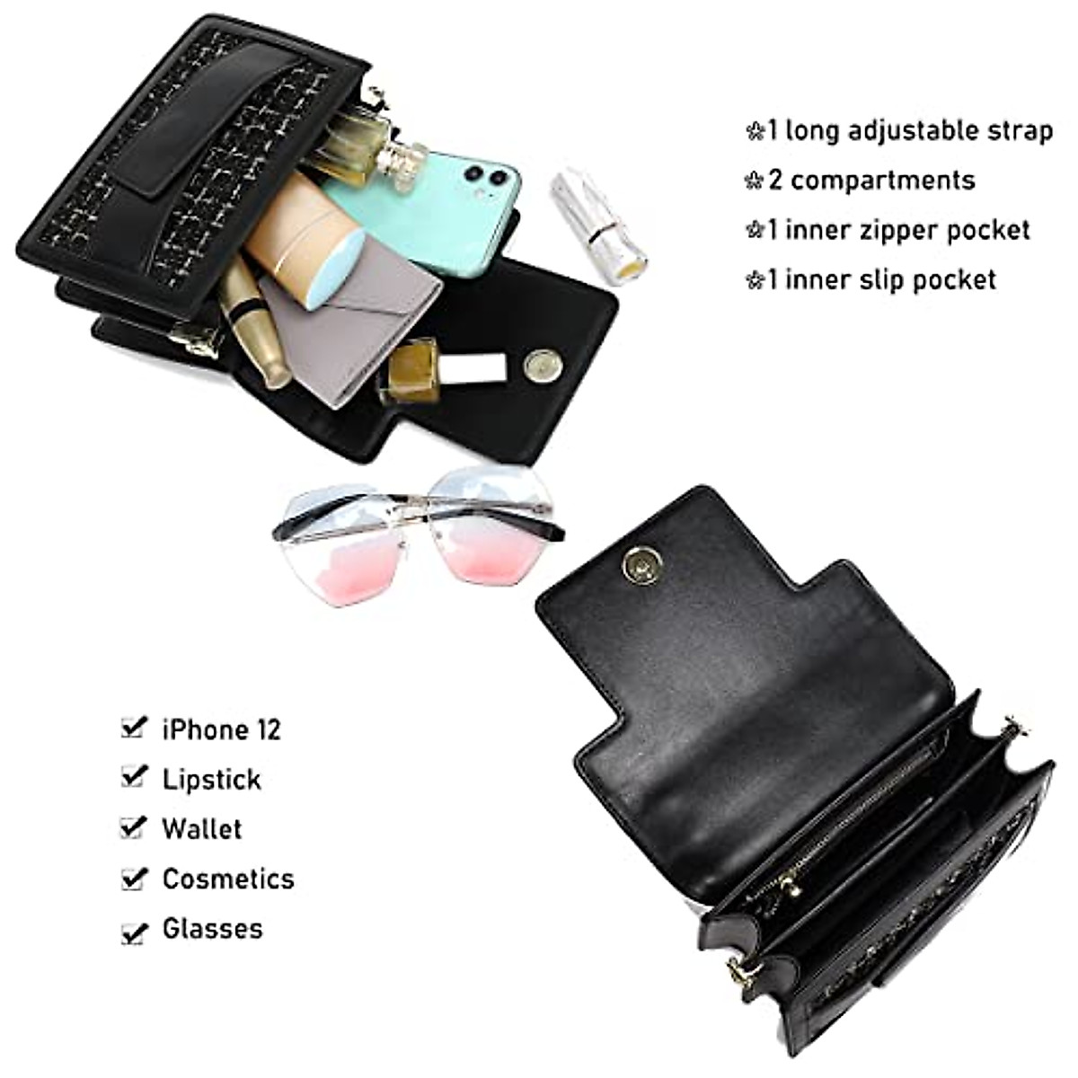 LL LOPPOP Top Handle Crossbody Bags for Women, Small Trendy Purses Shoulder Handbags, Clutch Purses for Women with Detachable Straps 204001(Black)