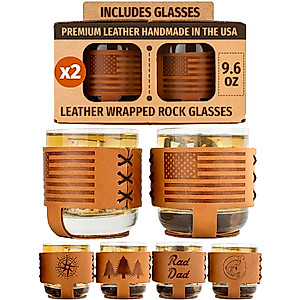 Oowee Genuine Leather Sleeve & Rocks Glasses - Set of 2 | 9.6 oz Whiskey Glasses & Old Fashioned Glasses | Great Gift for Men - Sleeve Made in the USA - American Flag