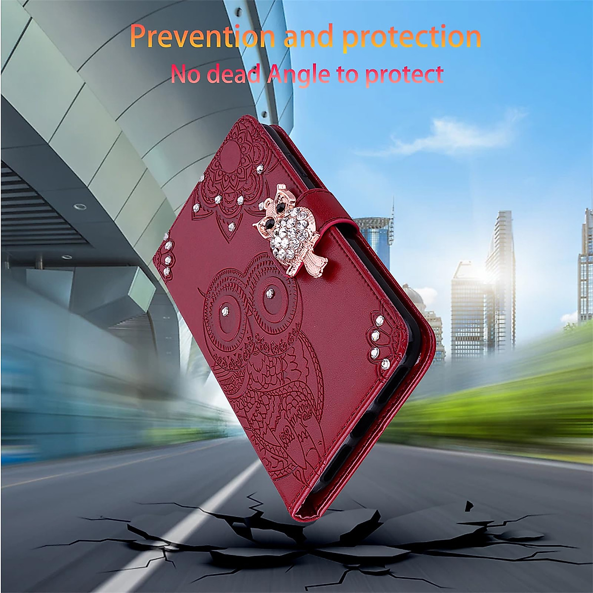 Ephoou Compatible with Apple iPhone 15 Pro Flip Glitter Wallet Case for Women, Pu Leather with Card Slots Crystal Diamond Owl Embossing Shockproof Cover Case for iPhone 15 Pro MTY-Red