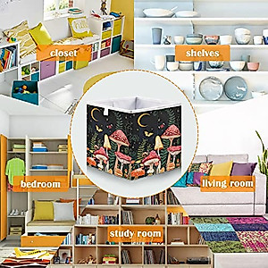 Night Mushroom Art Cube Storage Bin, Collapsible Storage Box Bins with Cubes, Foldable Fabric Baskets Bins for Shelf,Closet Cabinet,Home Organization, 11.02 x 11.02 x 11.02 inch