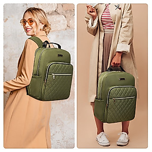 Modoker 15.6 Inch Laptop Backpack for Women, Quilted Work Backpack for Women Bookbag Teacher Backpack, Travel Backpack with USB Charging Port, Backpack Purse for Women Nurse, Green