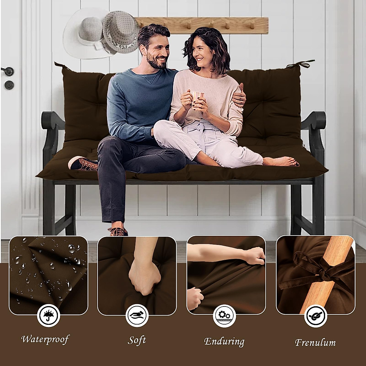 VKETU Outdoor Swing Cushions 3 Seater Replacement, 4" Thickened Waterproof Porch Bench Cushions with Ties, Patio Furniture Cushion for Backyard, Lawn and Garden (Coffee Color, 40x71in)