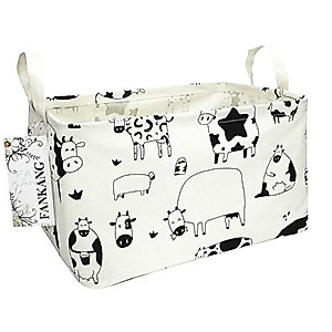 FANKANG Storage Basket,Nursery Hamper Canvas Laundry Basket Foldable with Waterproof PE Coating Storage, Office, Bedroom, Clothes,Toys(L, Rec-cows)