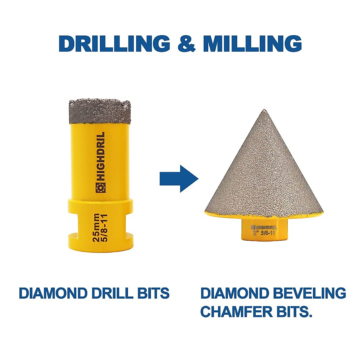 HIGHDRIL Diamond Drill bits kit with 5/8-11 for Porcelain Porcelain Tile Ceramic Marble Brick Concrete Vacuum Brazed Hole Saw (25/35/45/65/75mm+20mm Finger Bits+50mm Beveling Chamfer Bit)