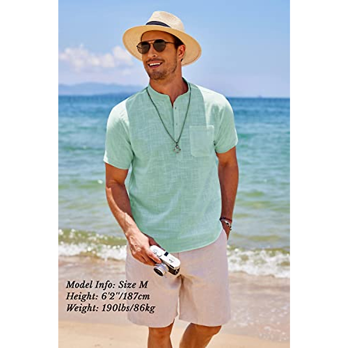 COOFANDY Mens Cotton Linen Henley Hippie Casual Beach T Shirt with Pocket, Green, Large, Short Sleeve