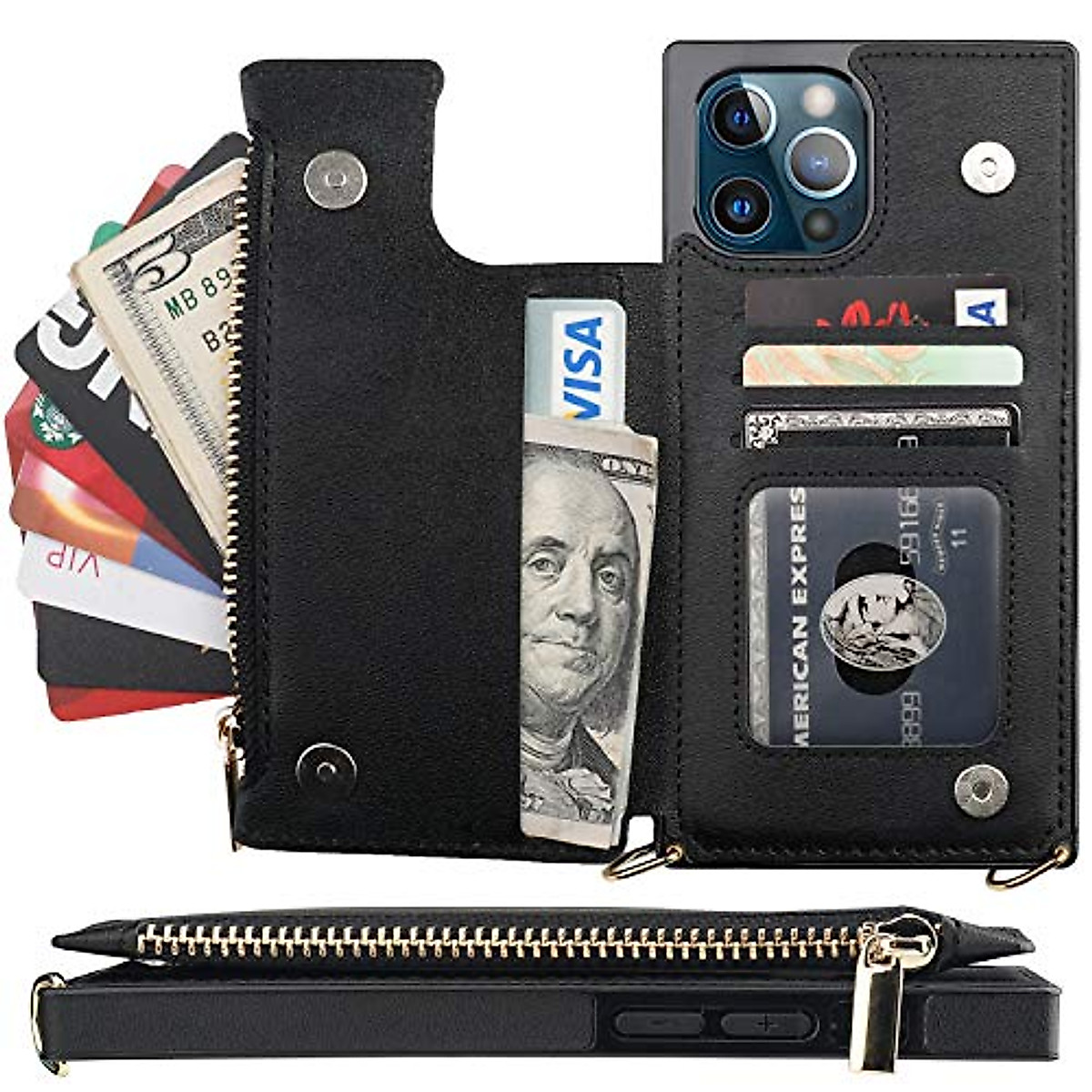 Bocasal Crossbody Wallet Case for iPhone 12 Pro Max with Card Holder,Zipper Card Slot Protector Shockproof Purse Cover with Removable Cross Body Strap 6.7 Inch(Black)