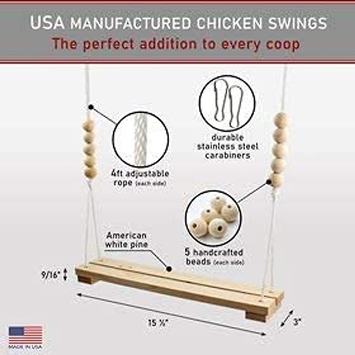 Chicken Swing Toy for Coop Handmade in USA!!! Natural Safe Wooden Accessories Large Durable Perch Ladder for Poultry Run Rooster Hens Chicks Pet Parrots Macaw Entertainment Stress Relief for Birds