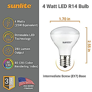 Sunlite LED R14 Mini Flood Light Bulbs, 4 Watts (25W Equivalent), 280 Lumens, Intermediate (E17) Base, Dimmable, ETL Listed, 2700K Soft White, for Curio Cabinet Light, 3 Count