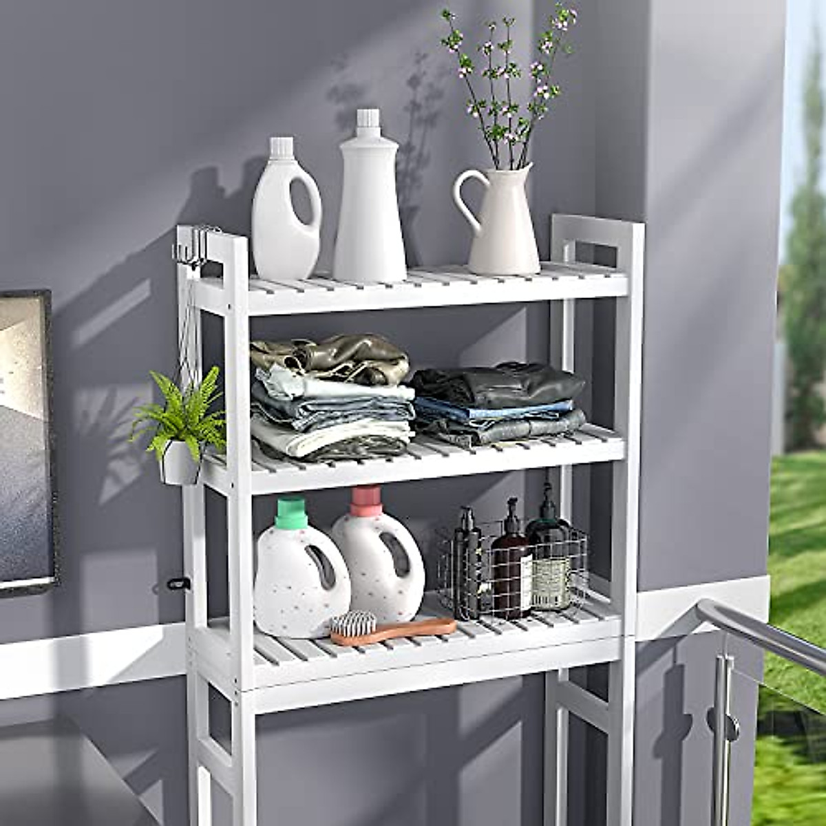 Homykic Bamboo Over The Toilet Storage and Ladder Shelf Bundle, White
