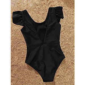 Mom and Me Matching Family Swimsuit Solid Color Small Fly Sleeves One-Piece Mother Daughter Girl One Piece Swimsuit (3-9 Years, A-Black Girls, 8-9 Years)
