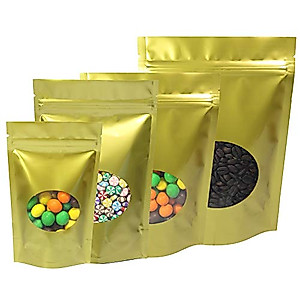 Double-Sided Matte/Glossy Color with Clear Round Window Stand-Up Pouch (6.3" x 8.7", Glossy Gold | 100 Bags)