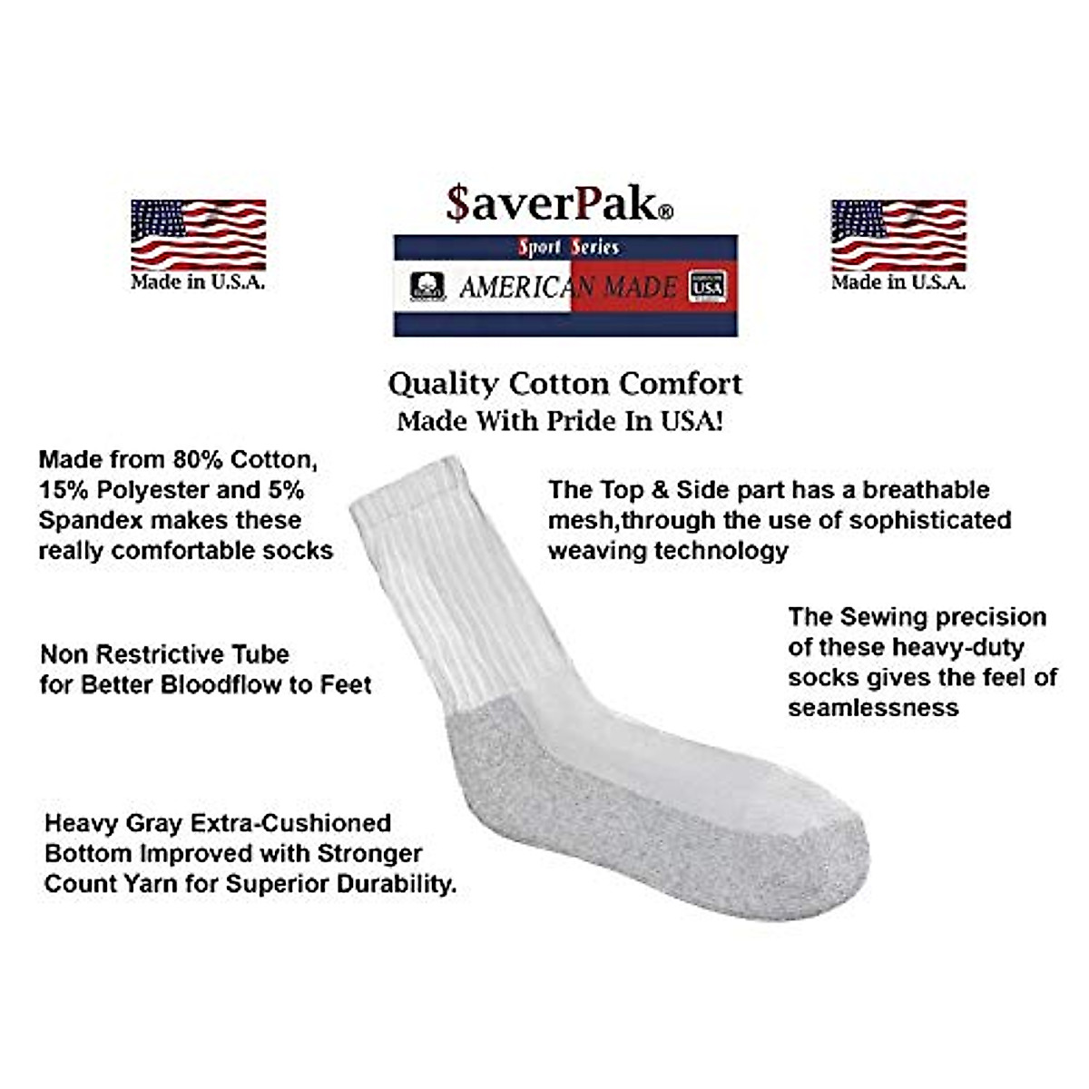 $averPak 4 Pack - American Made Moisture Control Comfort Cool Cushioned Men & Women Crew Socks White-Grey (Sock Size 10-13)