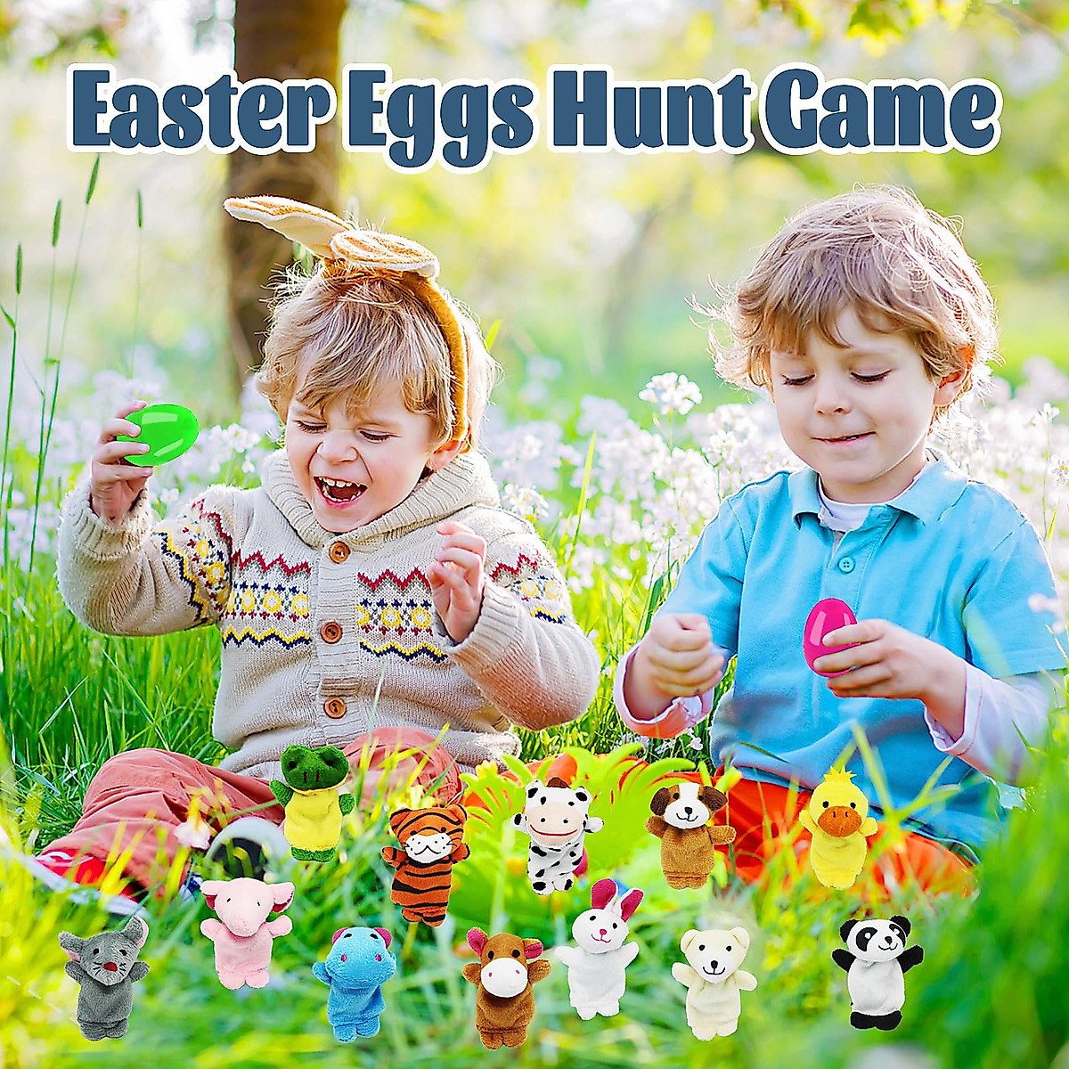 VEALIZUU 12 Pack Easter Eggs with Mini Plush Animals Finger Puppets Toys for Kids, Perfect for Easter Egg Hunt Game, Easter Party Favors, Easter Gift for Kids