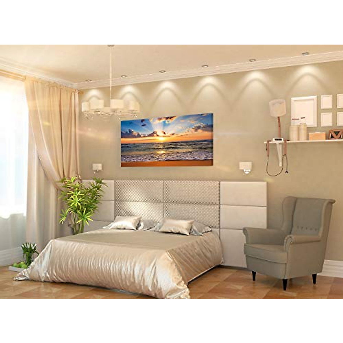 Muolunna BK1850 Wall Art Decor Large Canvas Print Picture Sunrise Ocean Beach Waves Scenery Modern Painting Artwork for Office Wall Decor Home Decoration Stretched and Framed Ready to Hang, 20x40inch x1pcs