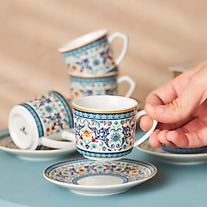 KARACA Beylerbeyi Porcelain Turkish Coffee Cup Set of 6, 12 Piece, 80ml, 6 Porcelain Coffee cups, Espresso Cups with Saucers, Porcelain Design with Blue and White Patterns