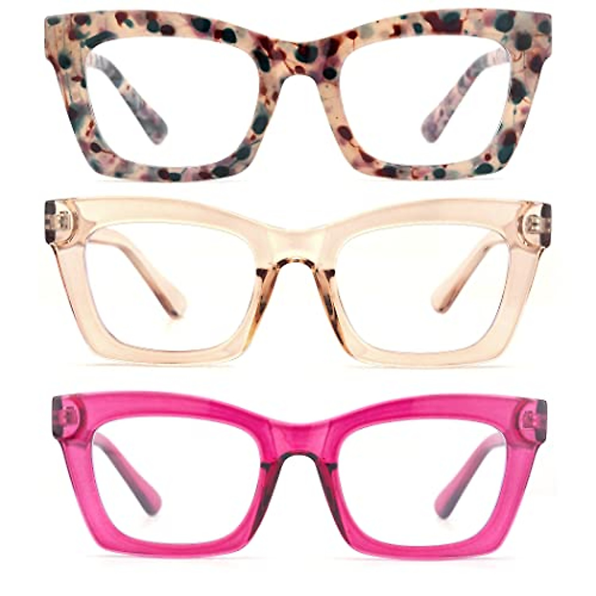 bullabulling 3 pack Oprah style Spring hinge Readers Blue Light Blocking Computer Square Reading Glasses for Women Men (flowers/tea/rose, 1.5)