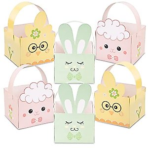 Whaline 24 Pack Easter Treat Boxes with Handle Easter Rabbit Bunny Chick Lamb DIY Basket Containers Cute Animal Style Candy Cookie Goodie Gift Holder Box for School Classroom Party Favor Supplies