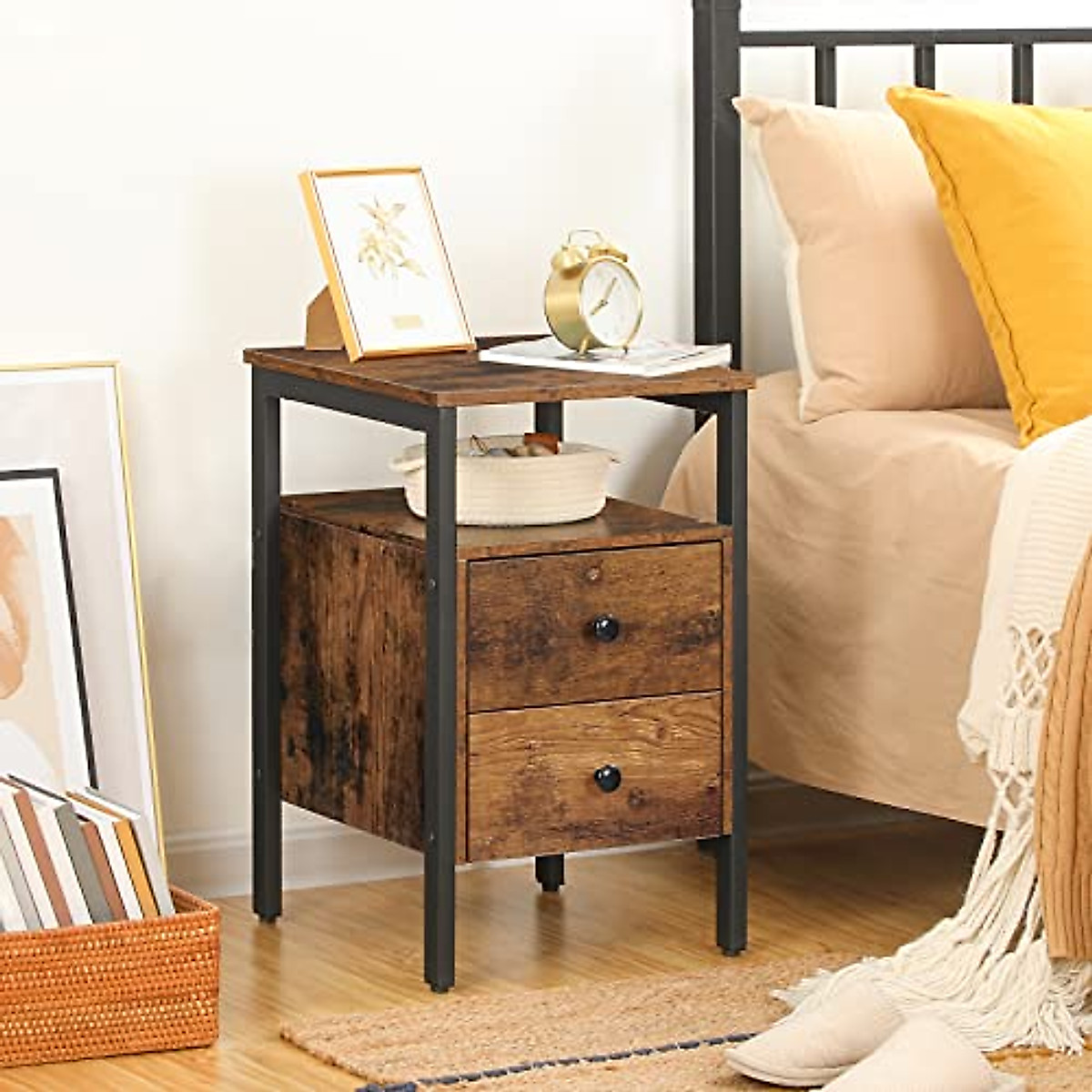 HOOBRO Nightstand, Bedside Table with 2 Drawers and Storage Shelves, Side End Table, Sofa Table for Living Room, Bedroom, Accent Furniture, Easy Assembly, Rustic Brown and Black BF43BZ01G2